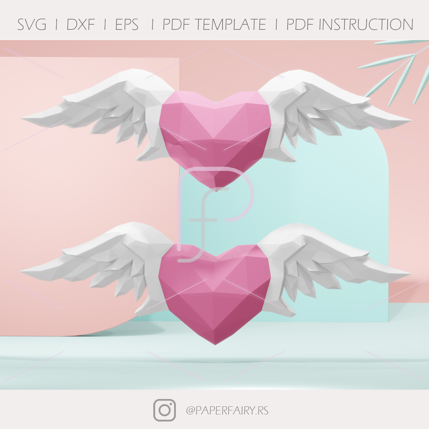 Heart with wings papercraft template