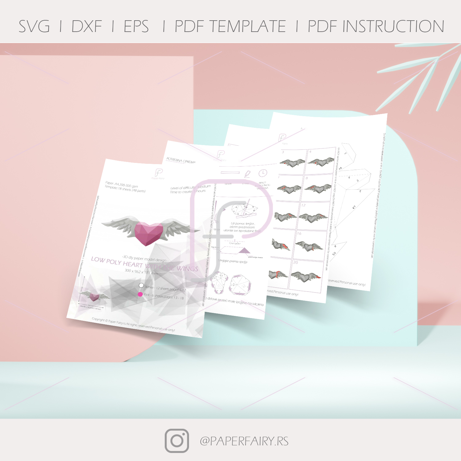 Heart with wings papercraft template